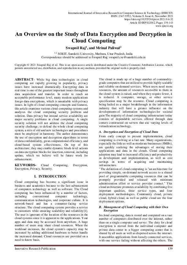 (PDF) An Overview on the Study of Data Encryption and Decryption in Cloud Computing