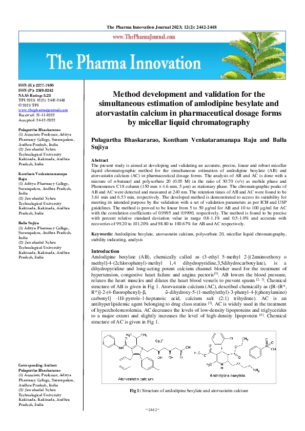Pdf Method Development And Validation For The Simultaneous Estimation Of Amlodipine Besylate