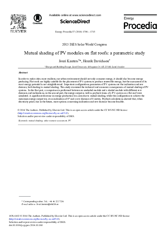 (PDF) Mutual Shading of PV Modules on Flat Roofs: A Parametric Study