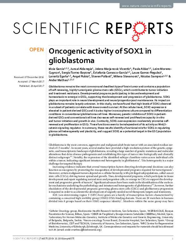 (PDF) Oncogenic activity of SOX1 in glioblastoma | Larraitz Egaña - Academia.edu