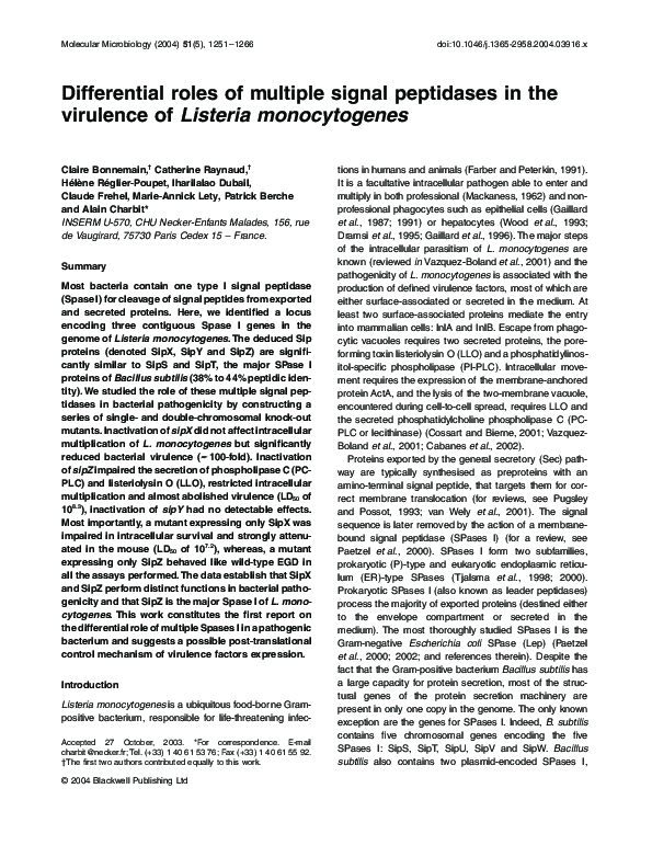 (PDF) Differential roles of multiple signal peptidases in the virulence of Listeria monocytogenes