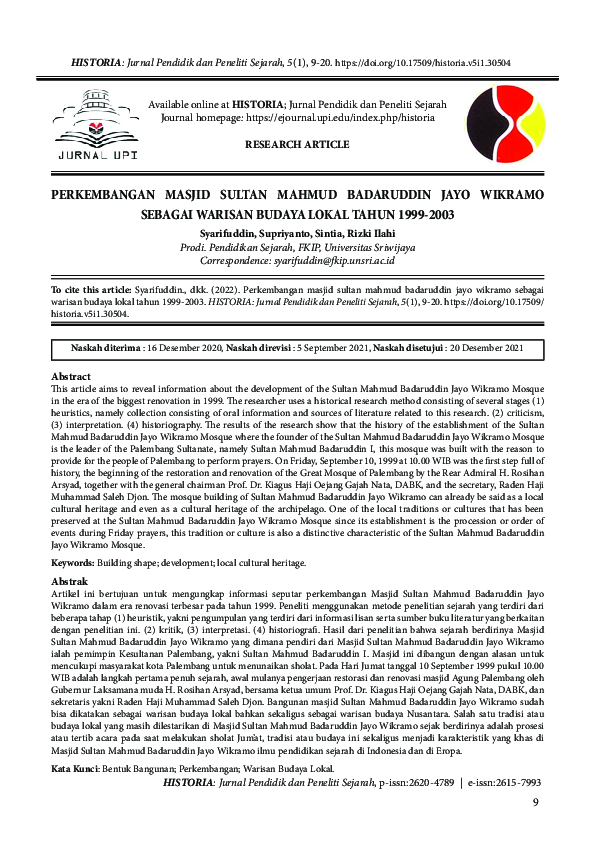 (PDF) Perkembangan Masjid Sultan Mahmud Badaruddin Jayo Wikramo sebagai Warisan Budaya Lokal ...