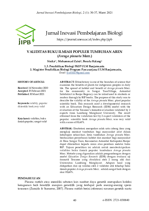 (PDF) VALIDITAS BUKU ILMIAH POPULER TUMBUHAN AREN (Arenga pinnata Merr.)