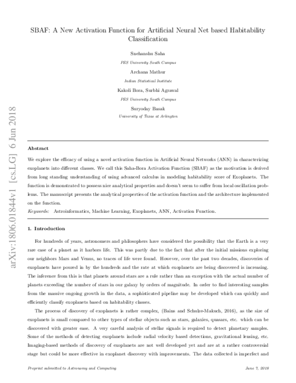 Pdf A New Activation Function For Artificial Neural Net Based Habitability Classification