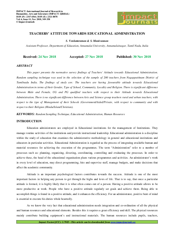 (PDF) TEACHERS' ATTITUDE TOWARDS EDUCATIONAL ADMINISTRATION