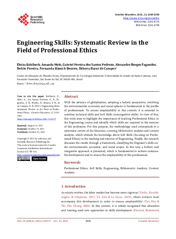 (PDF) Engineering Skills: Systematic Review in the Field of Professional Ethics | Débora Barni ...