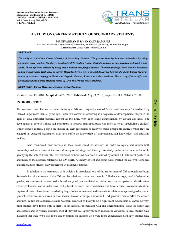 (PDF) A STUDY ON CAREER MATURITY OF SECONDARY STUDENTS