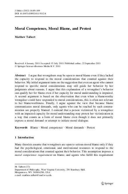 (PDF) Moral Competence, Moral Blame, and Protest