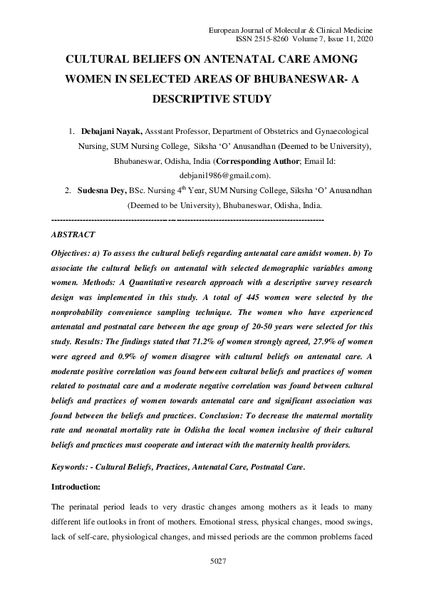 (PDF) Cultural Beliefs on Antenatal Care Among Women in Selected Areas of Bhubaneswar- a ...