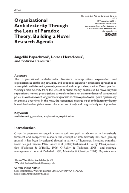 (PDF) Organizational Ambidexterity Through the Lens of Paradox Theory