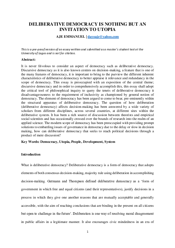 (PDF) DELIBERATIVE DEMOCRACY IS NOTHING BUT AN INVITATION TO UTOPIA