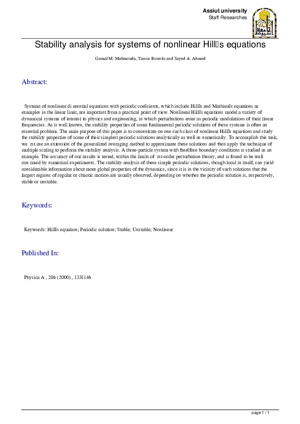 (PDF) Stability analysis for systems of nonlinear Hill's equations