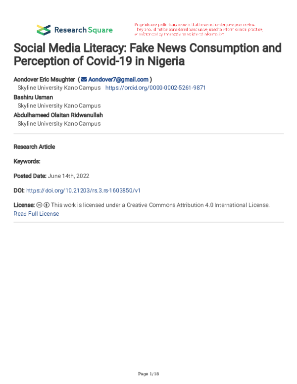 (PDF) Social Media Literacy: Fake News Consumption and Perception of ...