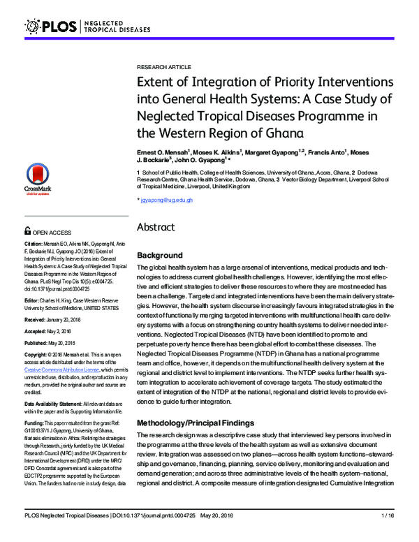 (PDF) Extent of Integration of Priority Interventions into General Health Systems: A Case Study ...