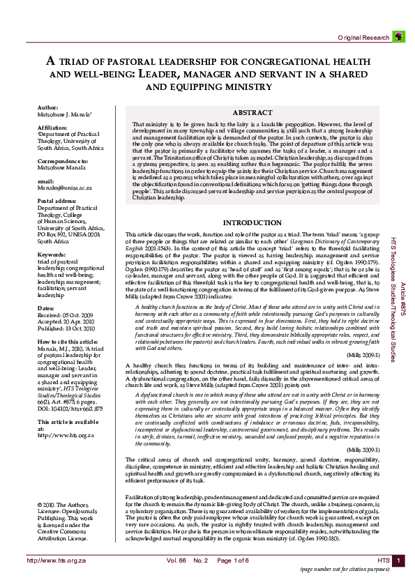 (PDF) A triad of pastoral leadership for congregational health and well ...