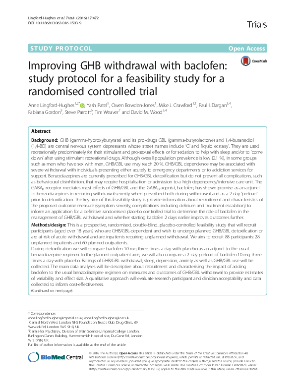 (PDF) Improving GHB withdrawal with baclofen: study protocol for a ...