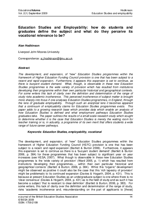 (PDF) Education Studies and Employability: how do students and ...