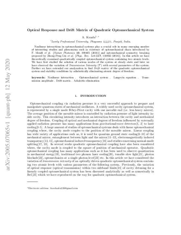 (PDF) Optical Response and Drift Matrix of Quadratic Optomechanical System