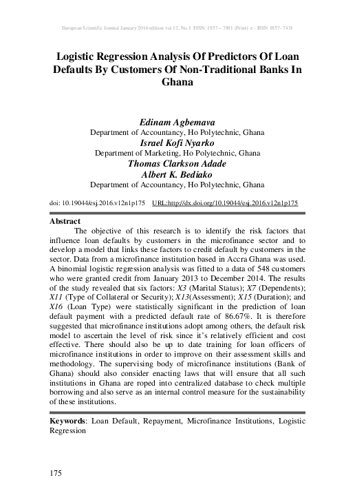 (PDF) Logistic Regression Analysis Of Predictors Of Loan Defaults By Customers Of Non ...