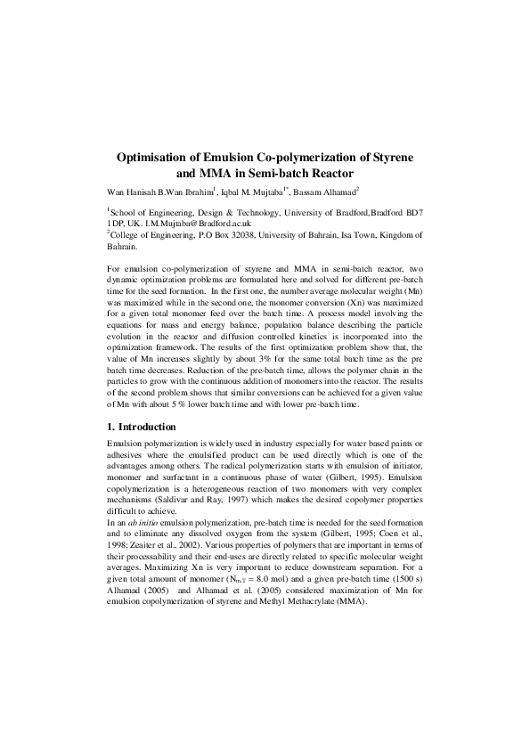Pdf Optimisation Of Emulsion Copolymerization Of Styrene And Mma In Batch And Semi Batch Reactors