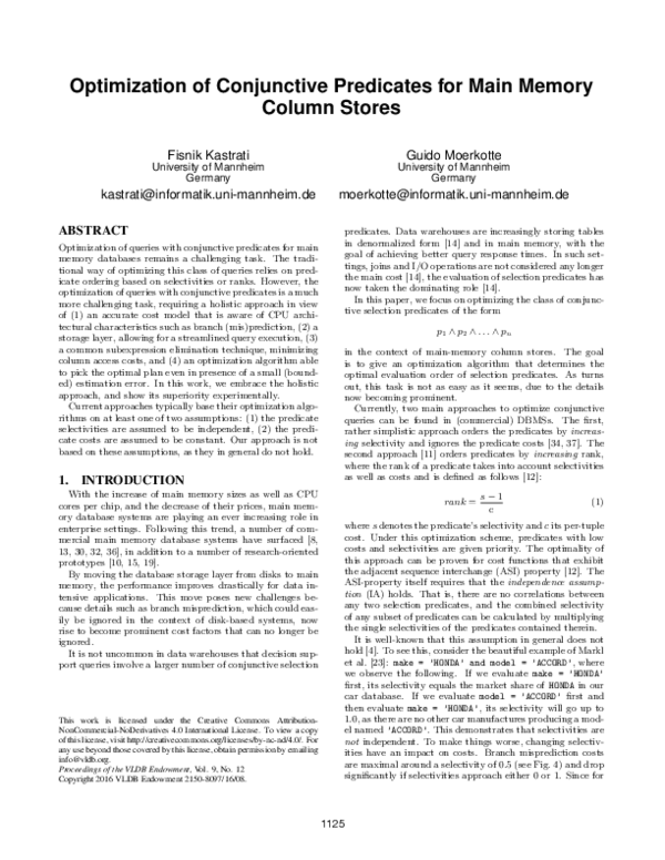 (PDF) Optimization of conjunctive predicates for main memory column stores