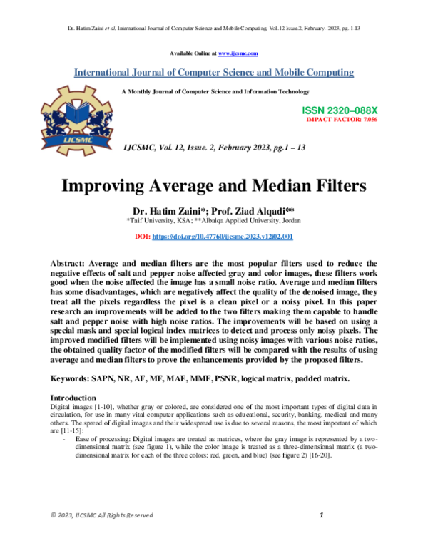 (PDF) Improving Average and Median Filters