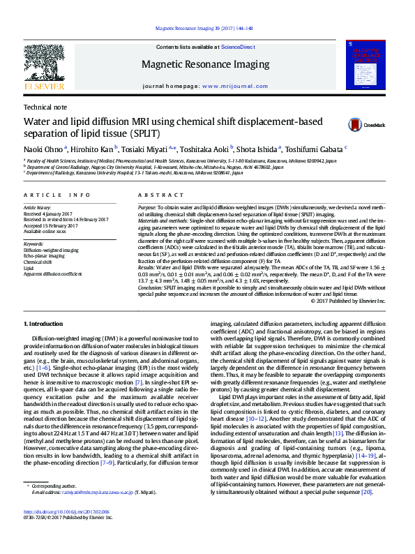 (PDF) Water and lipid diffusion MRI using chemical shift displacement ...