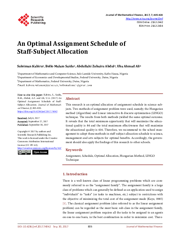 (PDF) An Optimal Assignment Schedule of Staff-Subject Allocation
