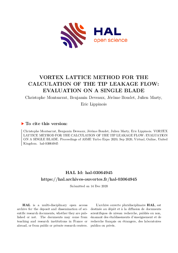 (PDF) Vortex Lattice Method for the Calculation of the Tip Leakage Flow: Evaluation on a Single ...