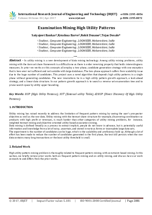 (PDF) Examination Mining High Utility Patterns | Tejas Desale - Academia.edu
