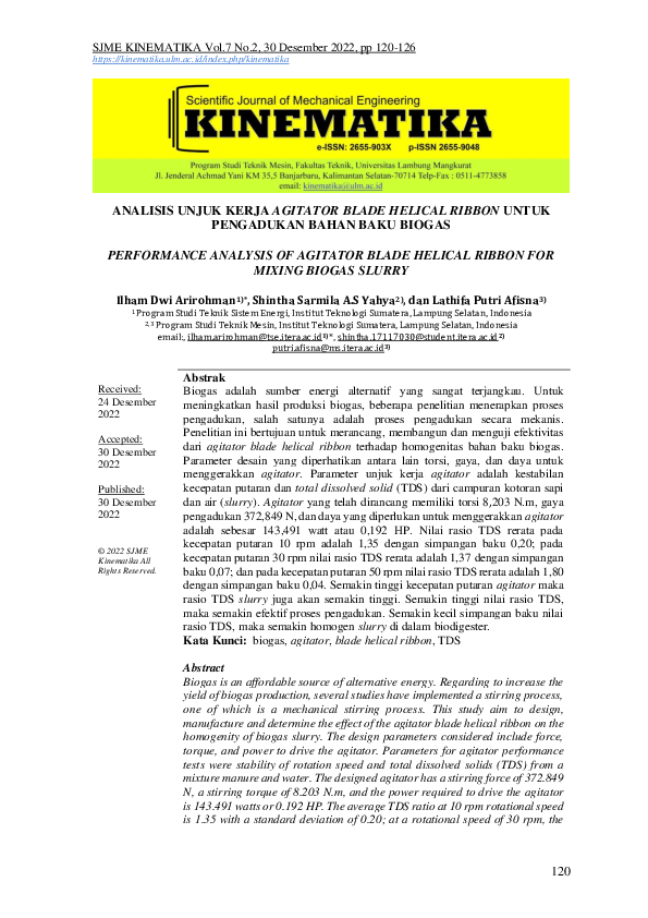 (PDF) Analisis Unjuk Kerja Agitator Blade Helical Ribbon Untuk Pengadukan Bahan Baku Biogas