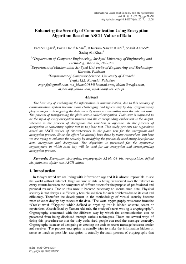 Pdf Enhancing The Security Of Communication Using Encryption Algorithm Based On Ascii Values