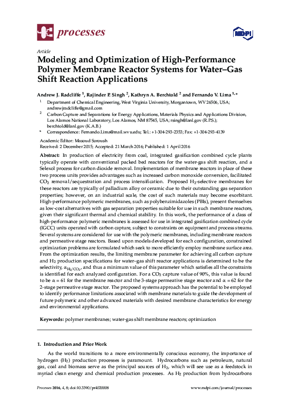 (PDF) Modeling and Optimization of High-Performance Polymer Membrane Reactor Systems for Water ...