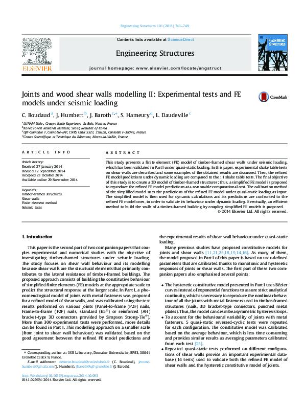 (PDF) Joints and wood shear walls modelling II: Experimental tests and ...