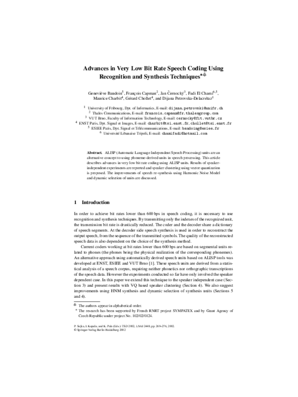 Pdf Advances In Very Low Bit Rate Speech Coding Using Recognition And Synthesis Techniques