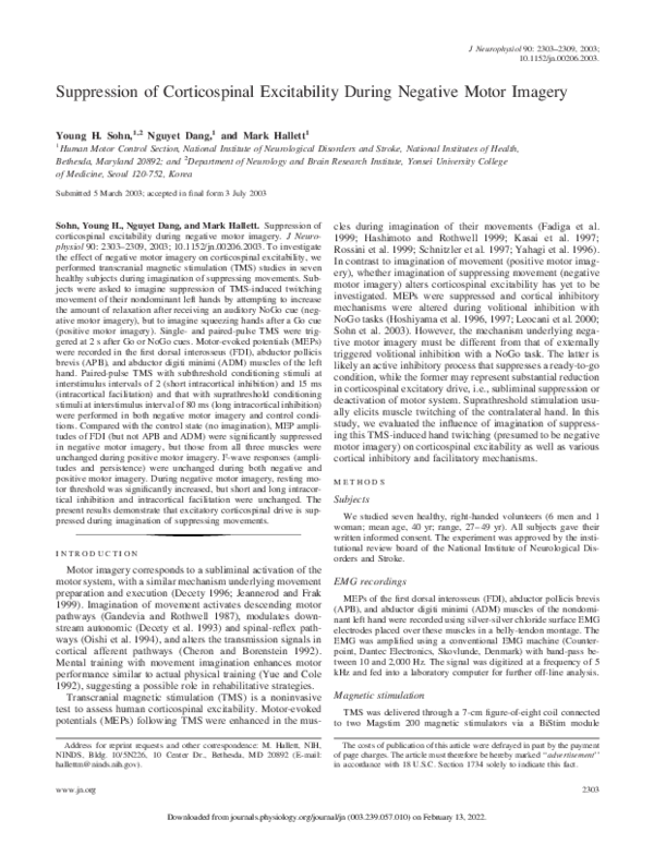 (PDF) Suppression of Corticospinal Excitability During Negative Motor ...