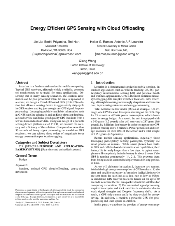 (PDF) Energy efficient GPS sensing with cloud offloading