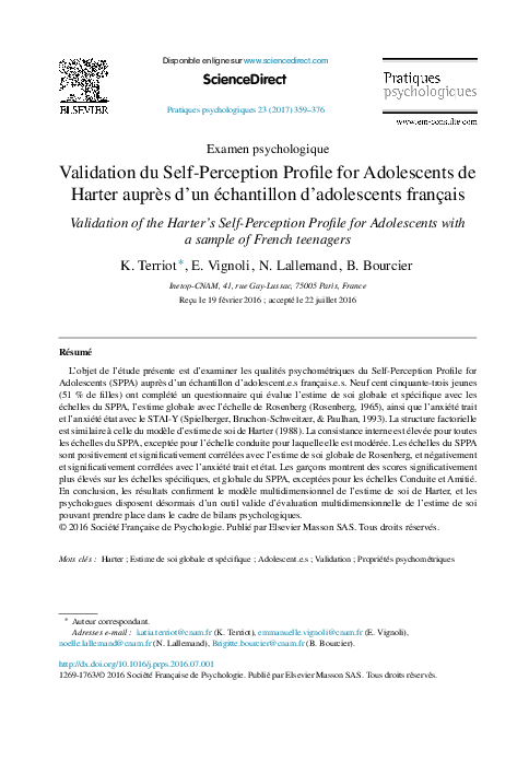 (PDF) Validation du Self-Perception Profile for Adolescents de Harter ...