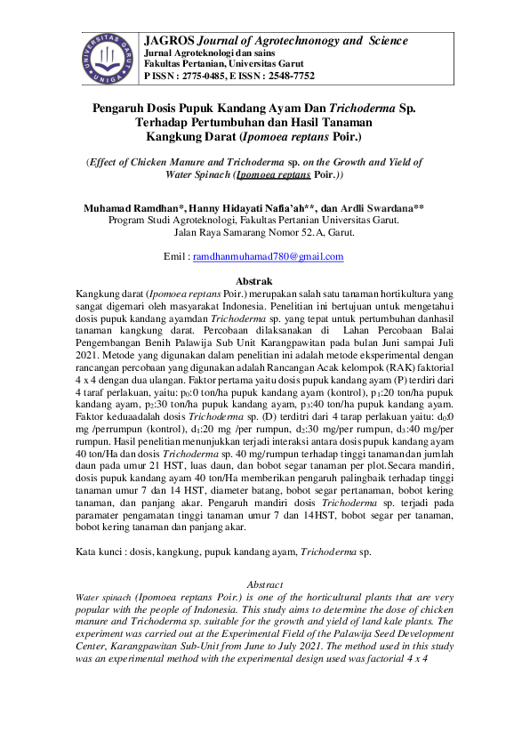 (PDF) Pengaruh Dosis Pupuk Kandang Ayam Dan Trichoderma Sp. Terhadap Pertumbuhan dan Hasil ...