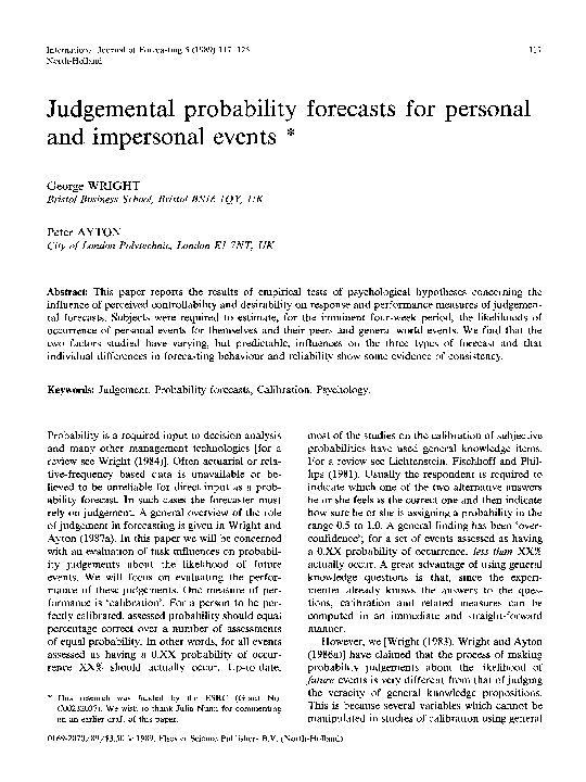 (PDF) Judgemental probability forecasts for personal and impersonal events