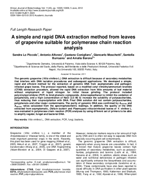 (PDF) A simple and rapid DNA extraction method from leaves of grapevine ...