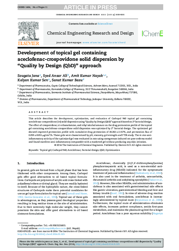 Pdf Development Of Topical Gel Containing Aceclofenac Crospovidone Solid Dispersion By