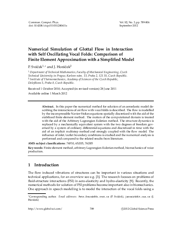Pdf Numerical Simulation Of Glottal Flow In Interaction With Self Oscillating Vocal Folds