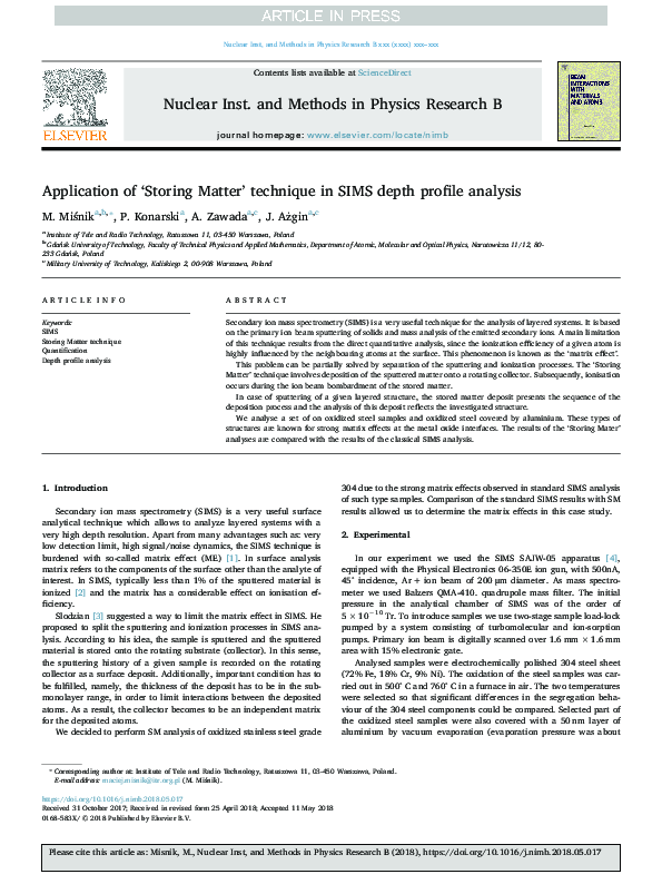 (PDF) Application of ‘Storing Matter’ technique in SIMS depth profile ...