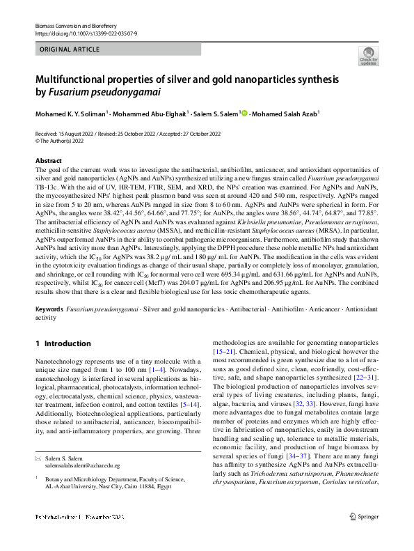 (PDF) Multifunctional properties of silver and gold nanoparticles ...