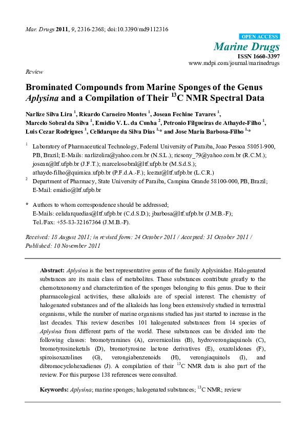 (PDF) Brominated Compounds from Marine Sponges of the Genus Aplysina ...