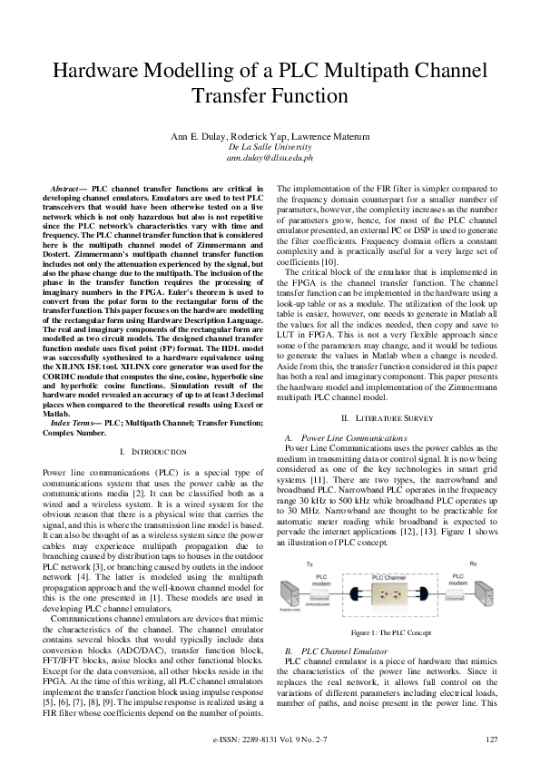 (PDF) Hardware Modelling of a PLC Multipath Channel Transfer Function