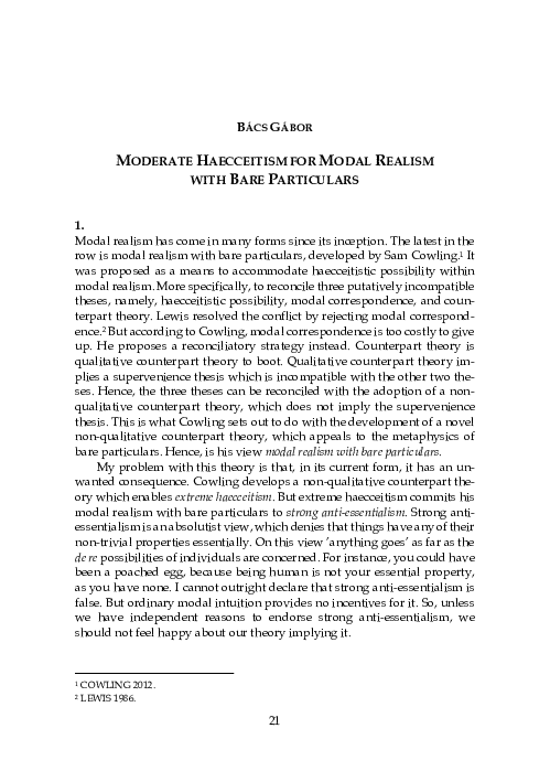 (PDF) Moderate Haecceitism for Modal Realism with Bare Particulars