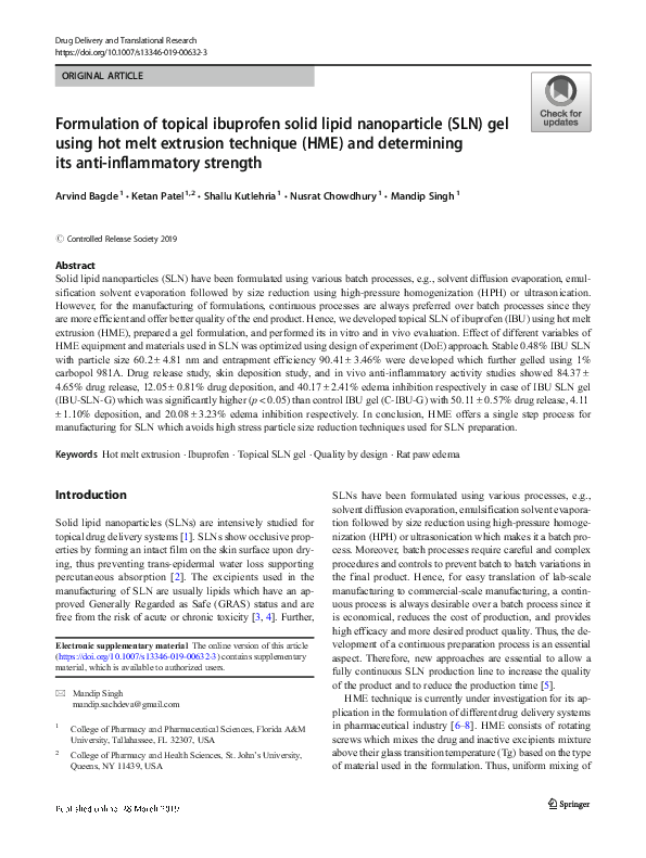 Pdf Formulation Of Topical Ibuprofen Solid Lipid Nanoparticle Sln