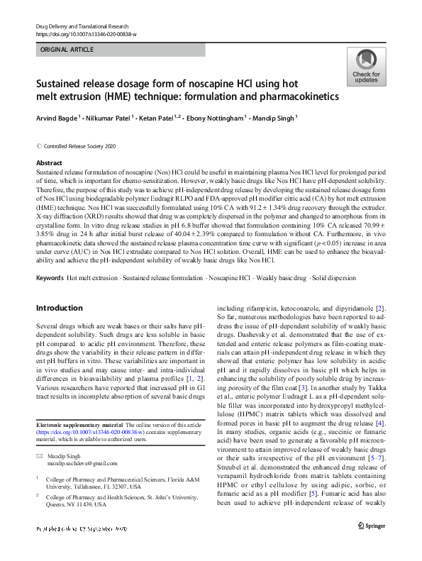 (PDF) Sustained release dosage form of noscapine HCl using hot melt ...